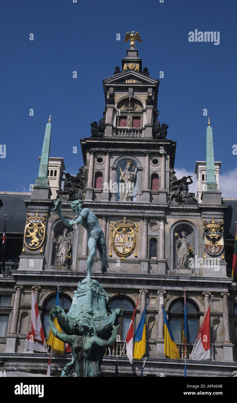Statue of Brabo and Guild Houses from the 16th C in the Grote Markt of ...