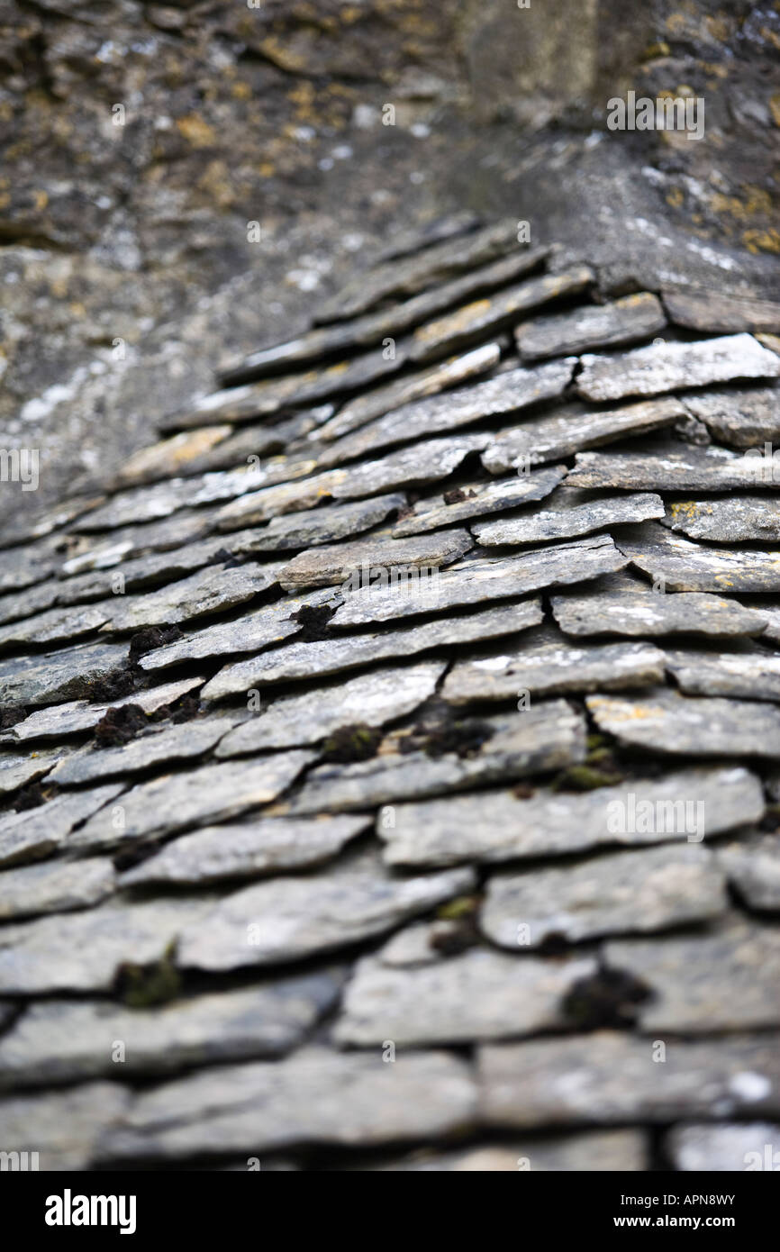 Cotswolds slate roofs Icomb Gloucestershire UK Stock Photo - Alamy