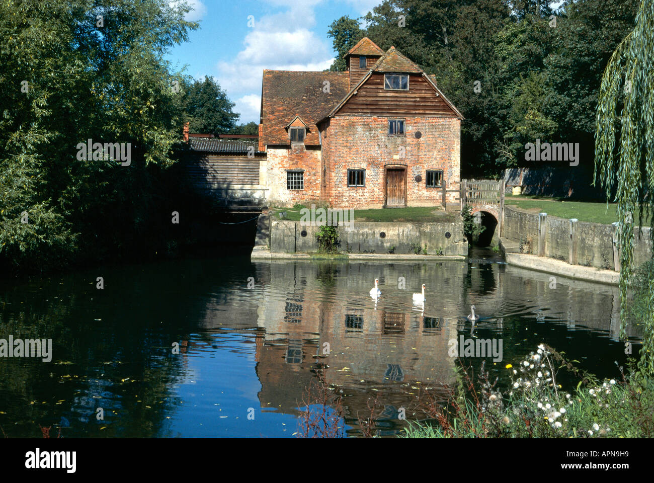 The half timbered water mill stands on the River Thames Swans ...