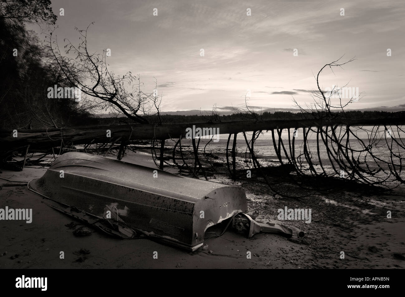 row boat and motor washed up on beach Stock Photo - Alamy