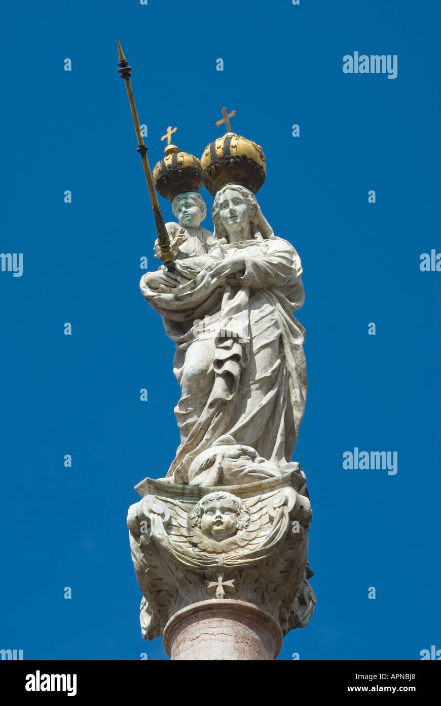 Gyor, Western Transdanubia, Hungary. Statue at the top of the Column of ...