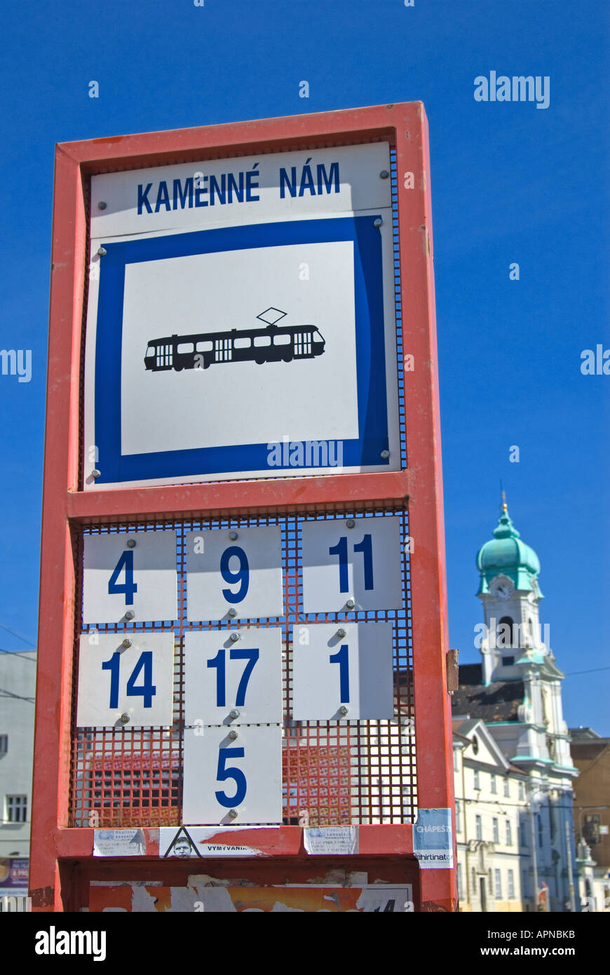 Bratislava, Slovakia. Sign at tram stop showing numbers of trams ...