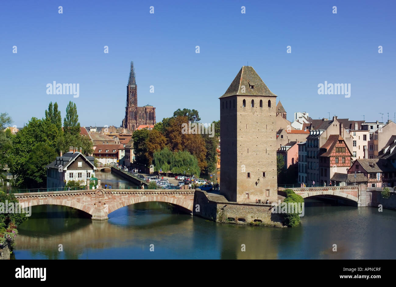 Strasbourg skyline, Ponts Couverts bridge, covered bridges, Ill river ...