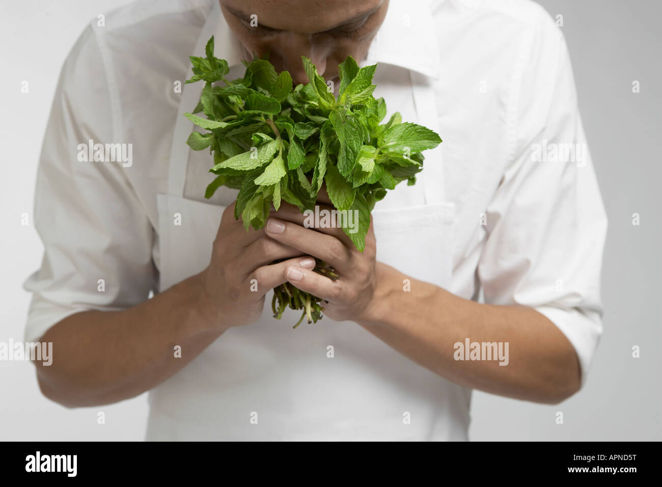 Chef smelling bunch of mint Stock Photo - Alamy