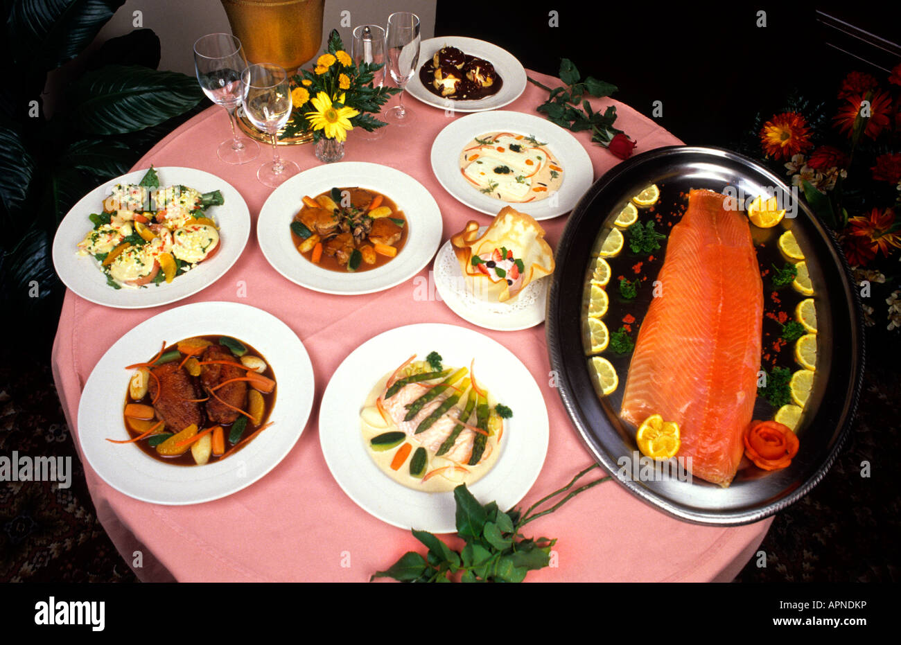 Table of fine dining of sea food with salmon and other fine dishes ...