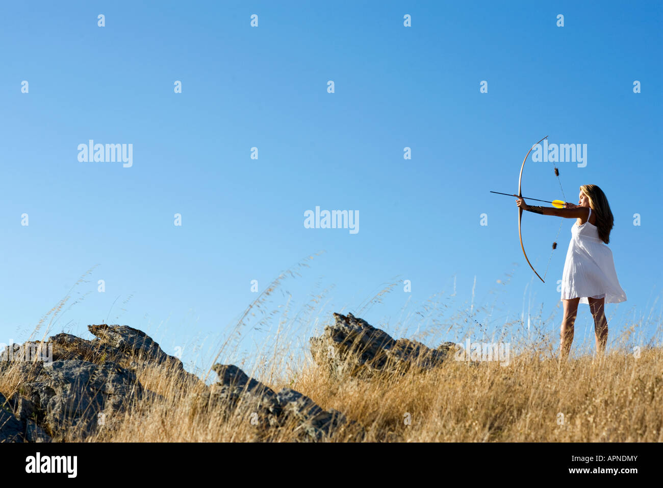 Young woman arrow shooting in field Stock Photo - Alamy