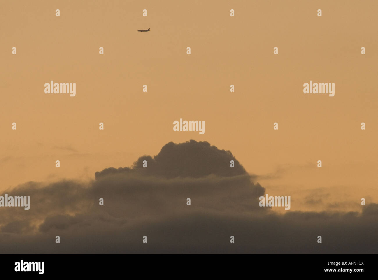 Jet airliner at sunset flting over clouds Stock Photo - Alamy