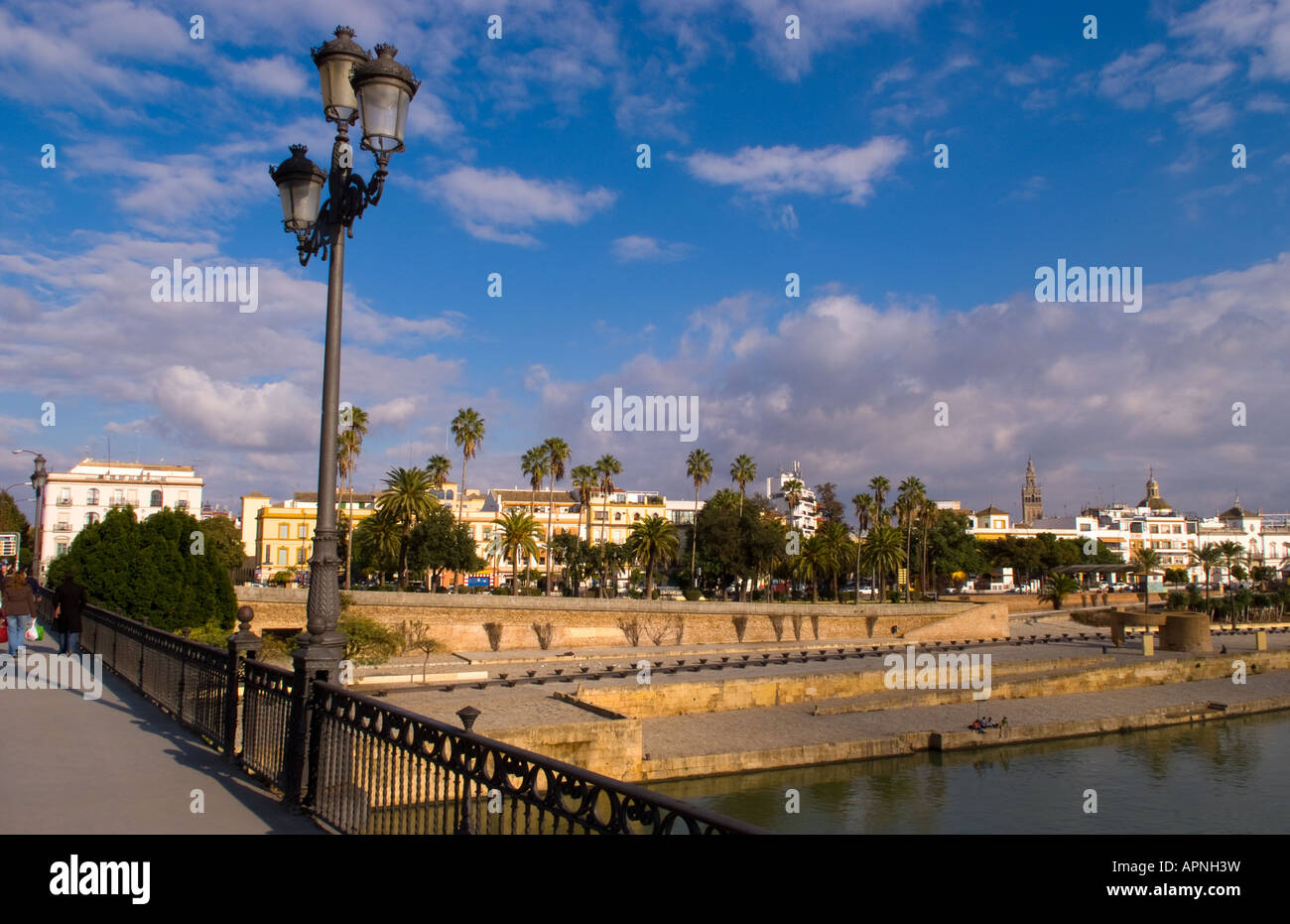 Beautiful river scene of downtown city center of Seville or Sevilla ...