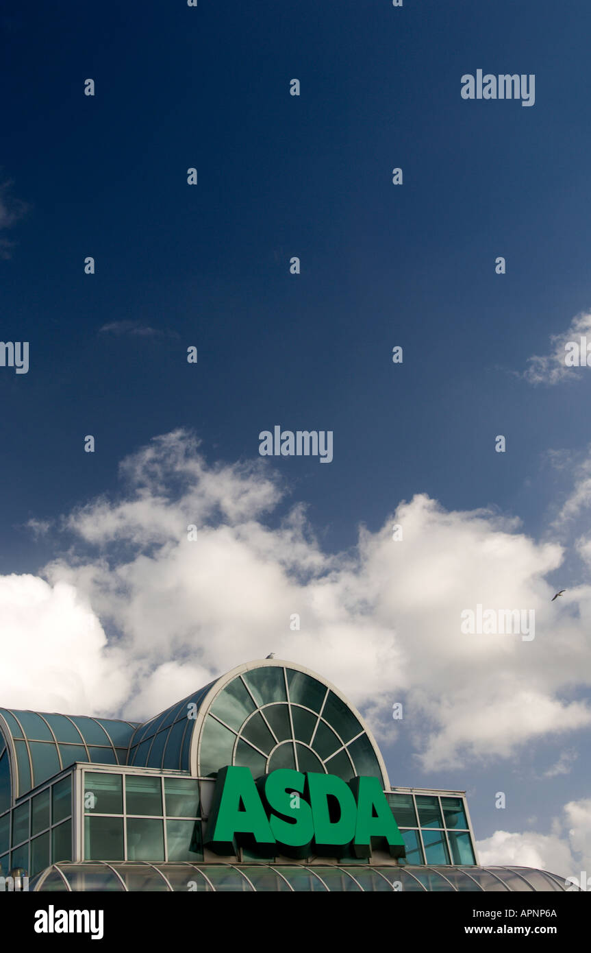 Asda superstore large brand logo from Supermarket entrance against a ...