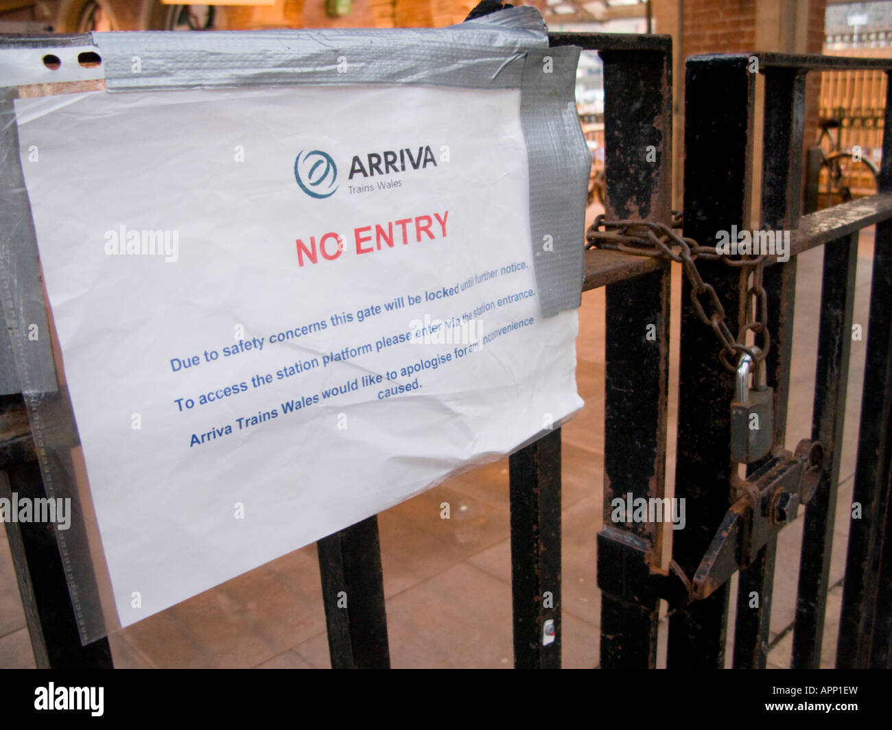 Arriva Trains Wales no entry sign or notice taped on padlocked closed ...