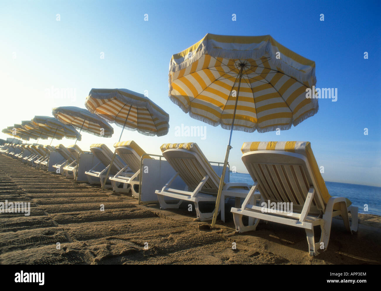 Lounge chairs on beach Stock Photo - Alamy