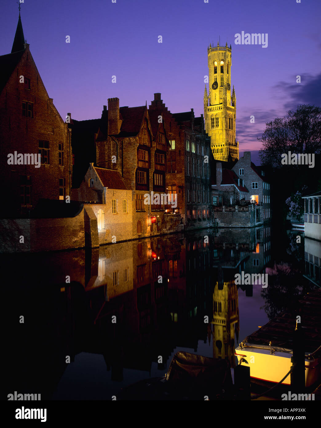 Belfry and "Rosary Quay" Bruges Belgium night Stock Photo - Alamy