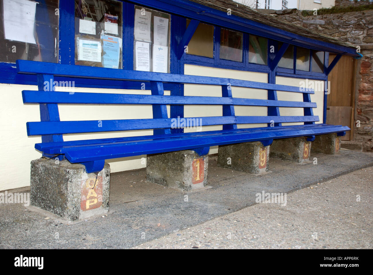 Bright blue bench with numbers and letters on base, Cornwall Stock ...