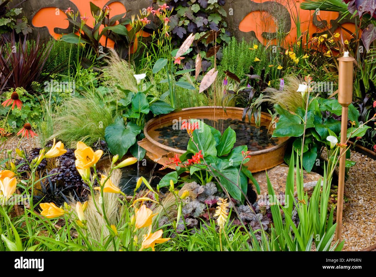 Hot colour planting with copper water feature and orange walls with ...
