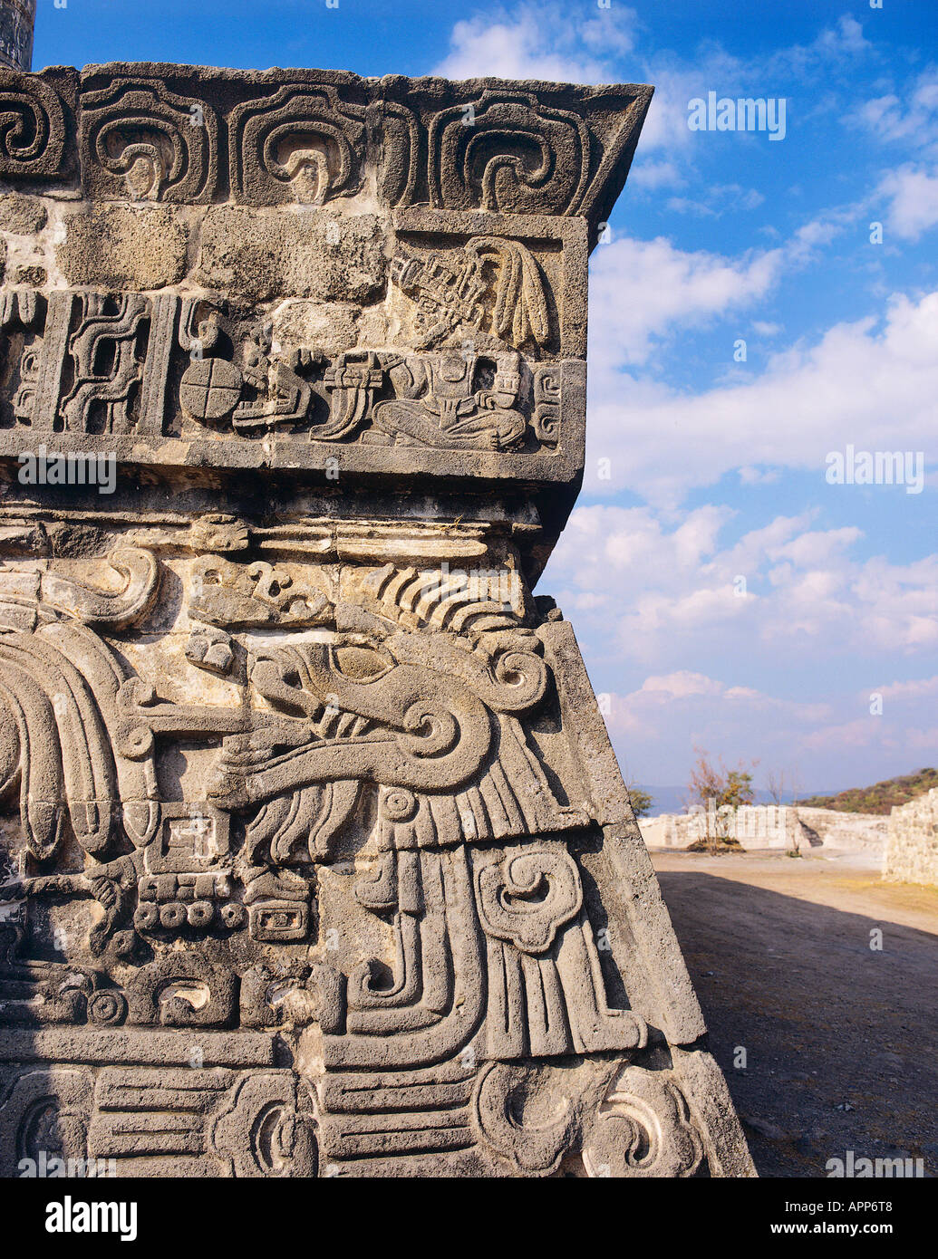 Toltec carvings of the Quetalcoatl plumed serpent amongst hieroglyphs ...