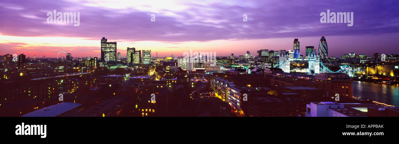 Panoramic view of London at dusk with Tower Bridge the Gerkin, GLA, St ...