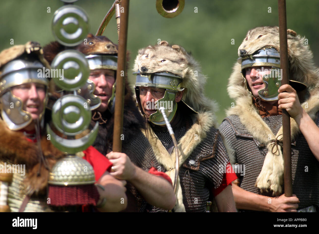 Roman Standard Bearers wearing the badge of their office the bearskin ...