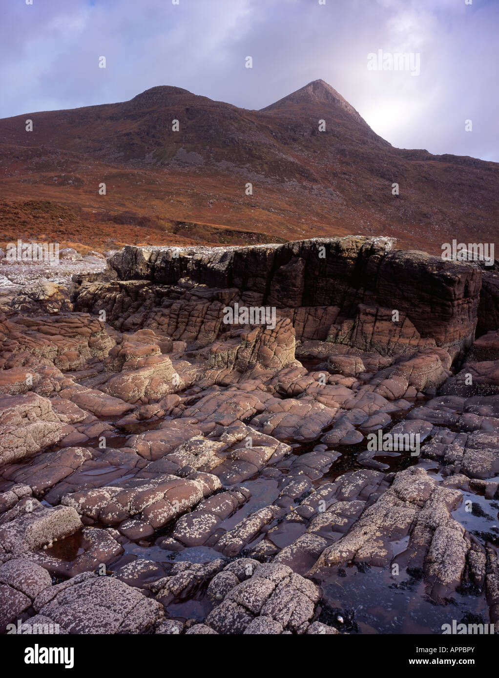 Ben More Coigach viewed from the shore at Culnacraig, Loch Broom ...