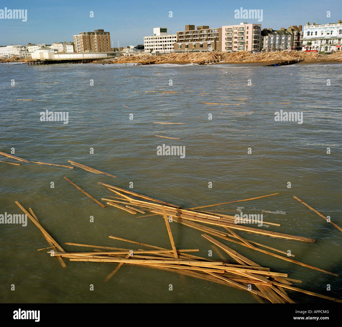 Shipwreck timber floating in the sea, Worthing, West Sussex, England ...