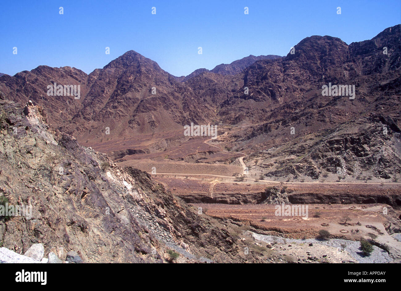 UAE - A large wadi in the Fujairah Hajar Mountains Stock Photo - Alamy