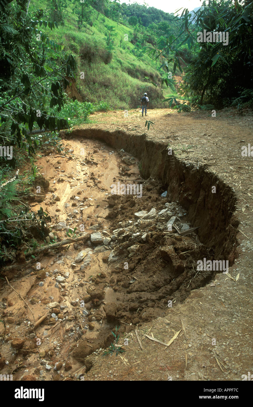 Erosion caused by rain on dirt road in the Serra do Mar mountain range ...