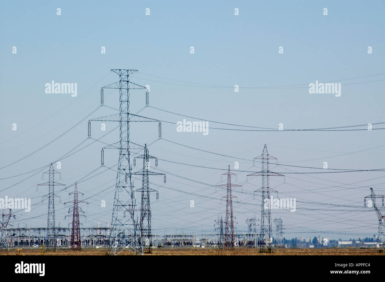 high voltage masts in Romania Stock Photo - Alamy
