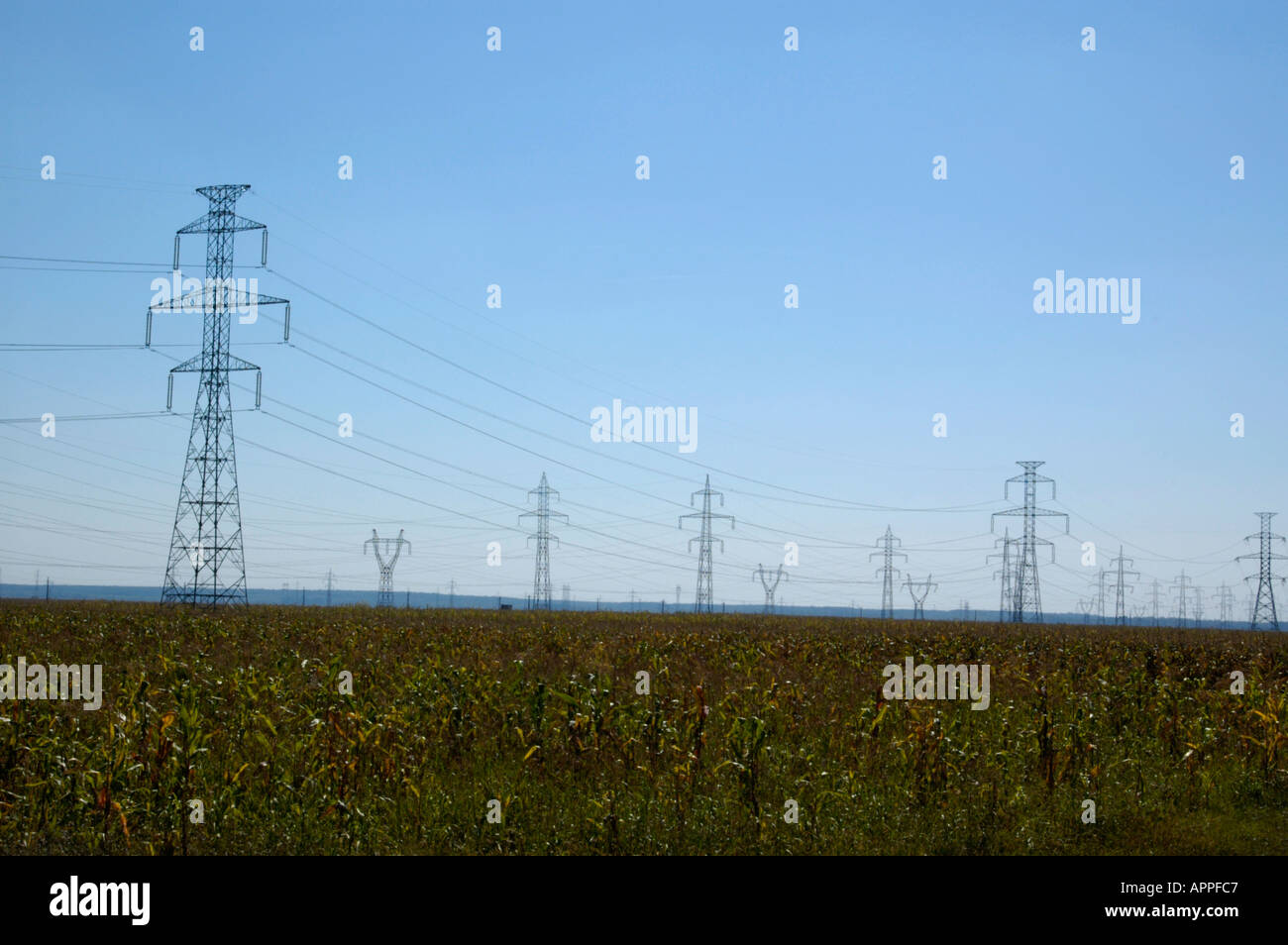 high voltage masts in Romania Stock Photo - Alamy