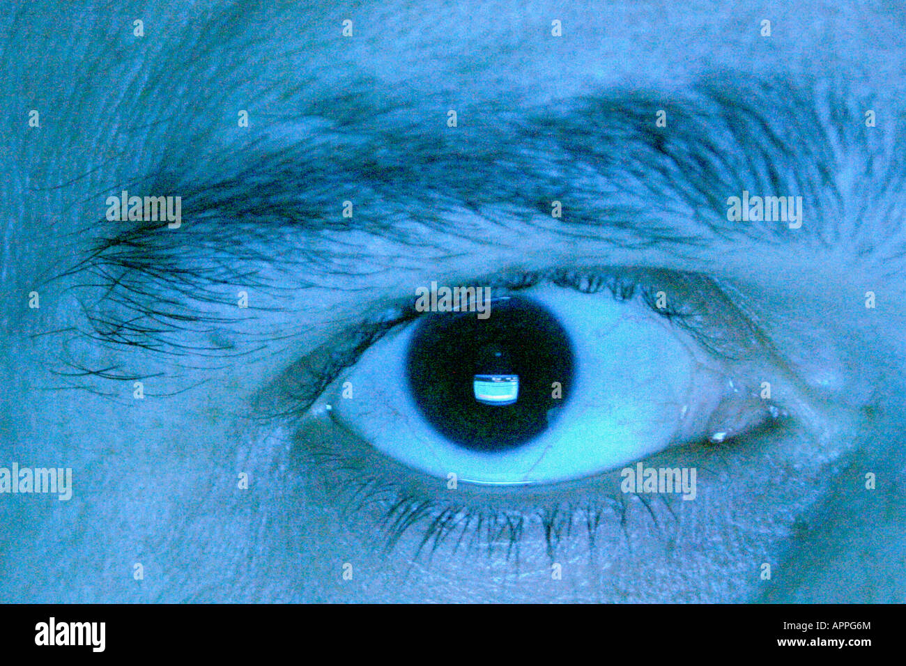Closeup of a Man's Eye Illuminated By a Television Screen Blue Toned ...