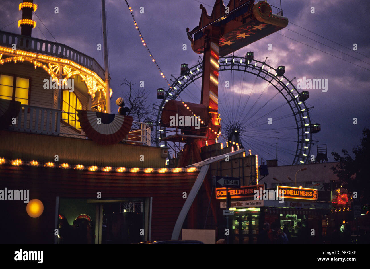 View at night of buildings and roundabouts in the Fairground of the ...