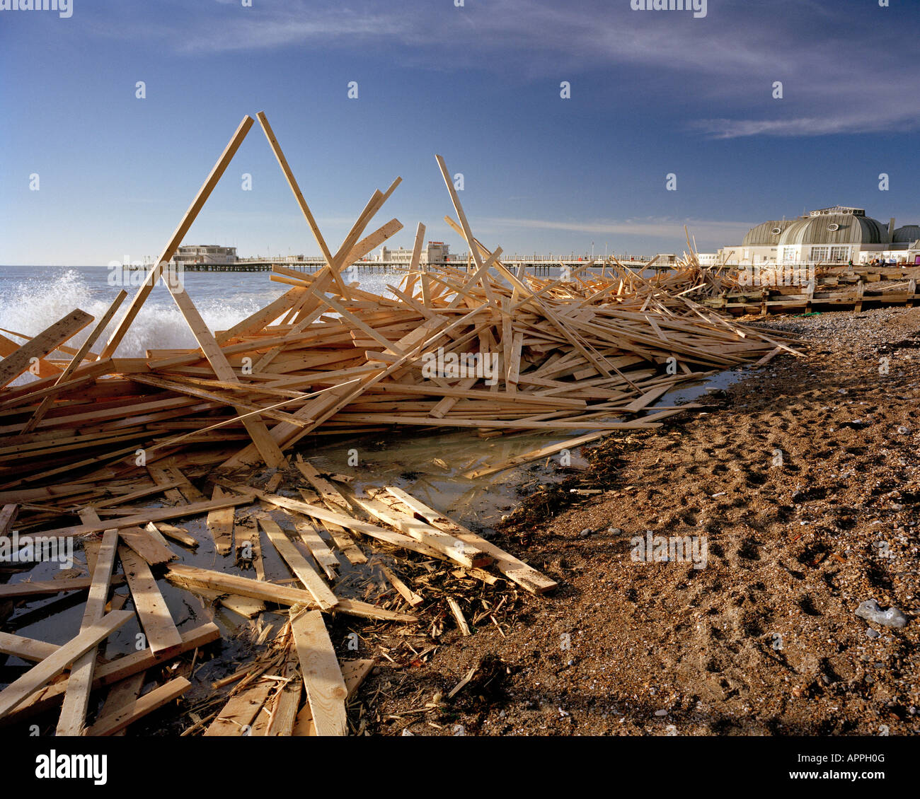 Shipwreck timber washed ashore at Worthing, West Sussex, England, UK ...