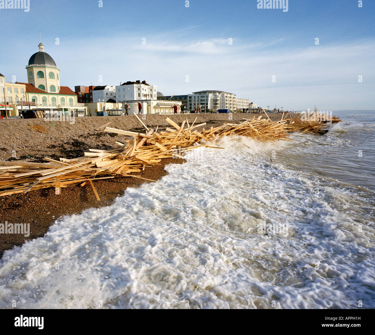 Shipwreck timber washed ashore at Worthing, West Sussex, England, UK ...