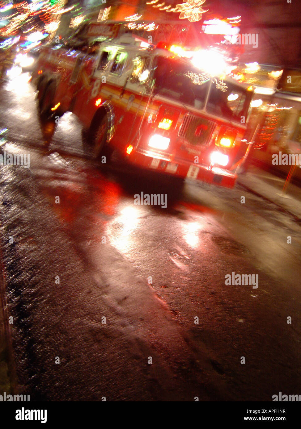 Urban Scene of a New York City Fire Engine With Its Lights Flashing at ...
