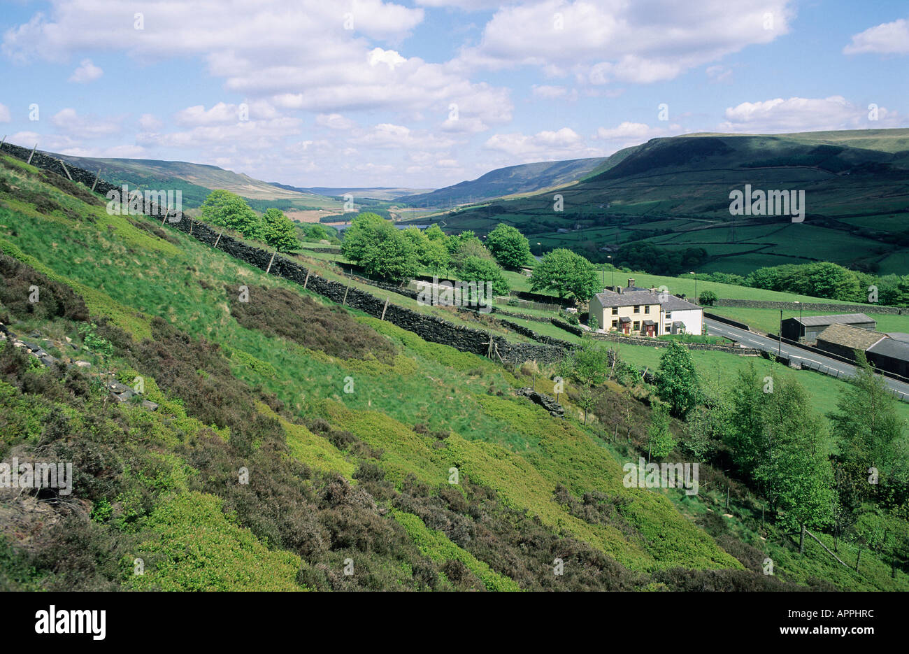 A view across the Peak District land of the Longdendale Valley A house ...
