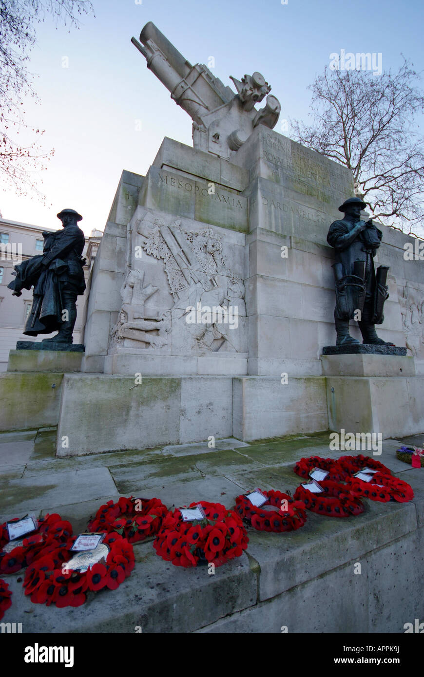 The Royal Artillery war memorial with wreaths to the dead commemorating ...