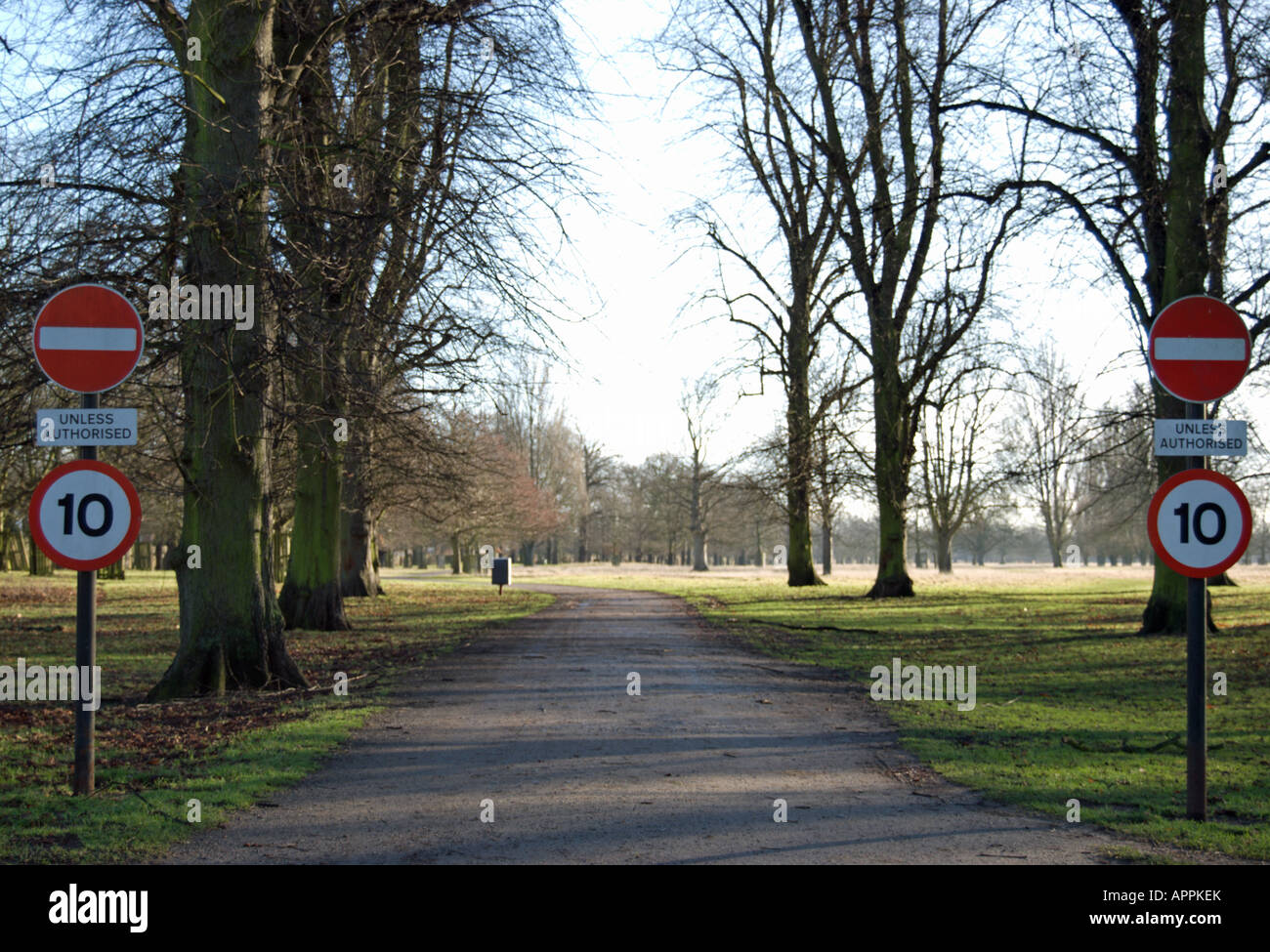 Mounted on poles, british road signs stand on either side of an empty ...