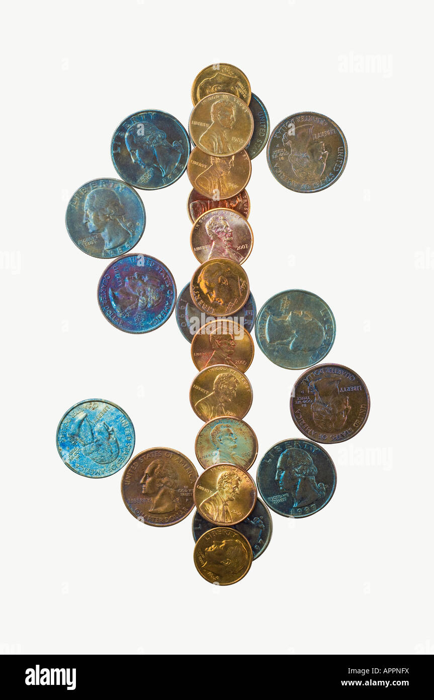 Colorful coins laid out in the shape of a dollar-sign symbol Stock ...
