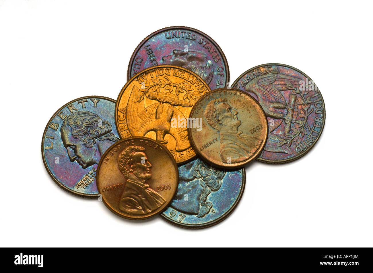 Small Stack of American Currency with bright patina colors of blue to ...
