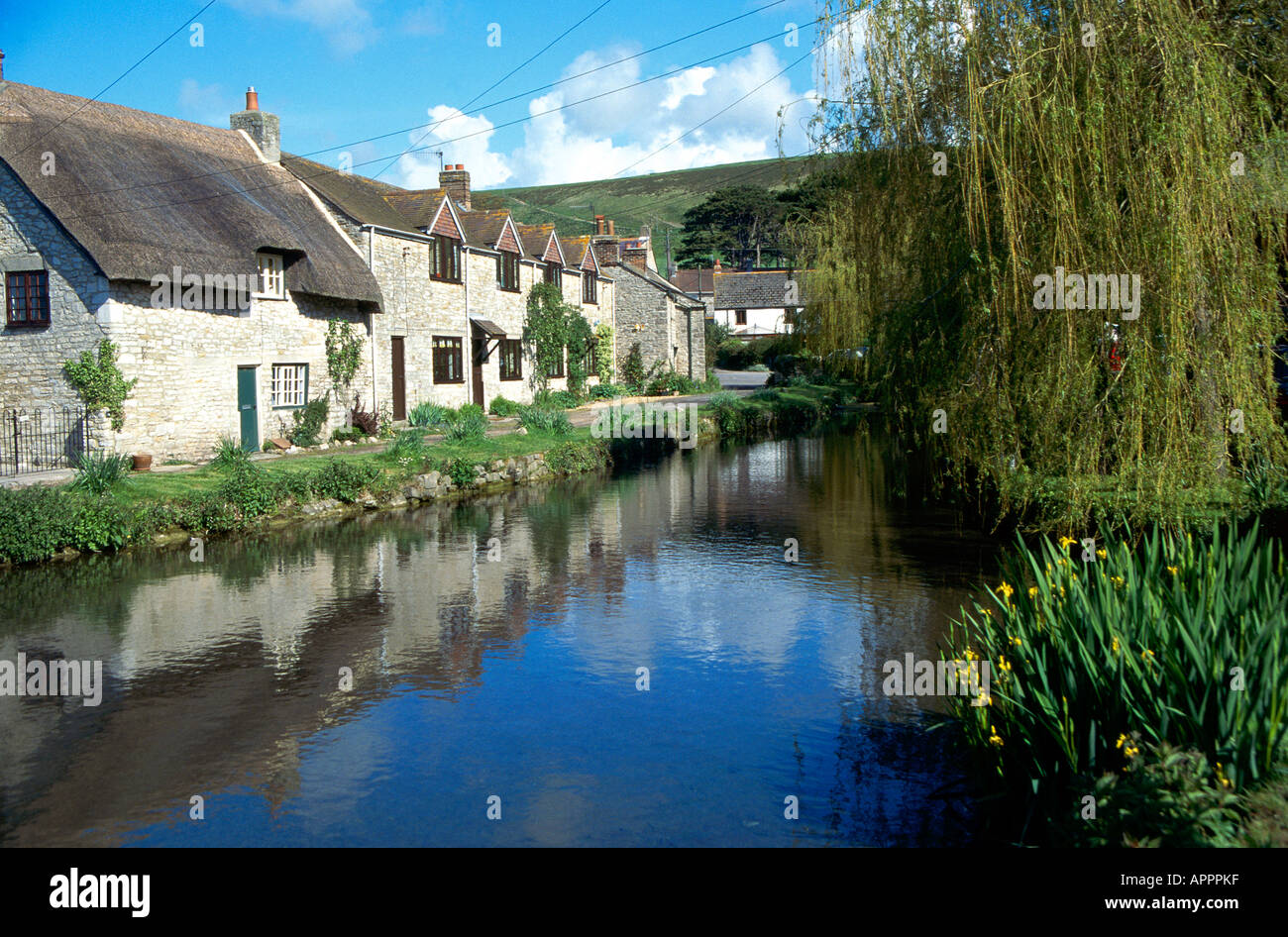 Stone cottages standing beside the River Jordan Sutton Poyntz Stock ...