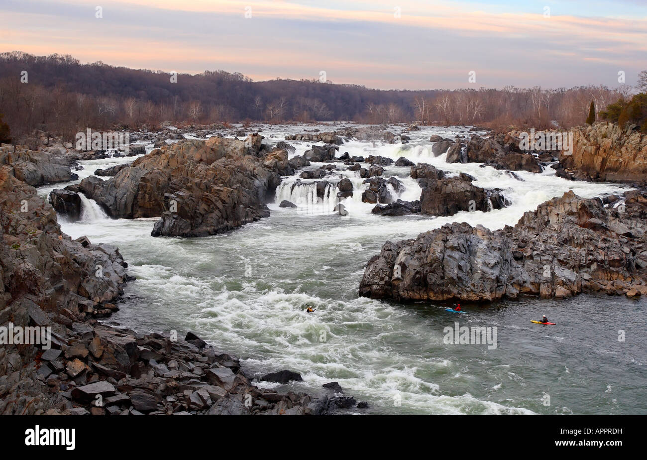 Kayakers navigating whitewater rapids at Great Falls, Potomac River ...