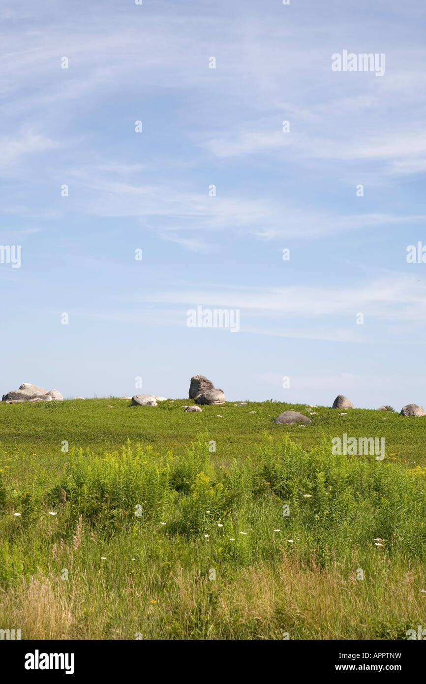 rocks in grassy field with blue sky summer day outdoor nature open ...