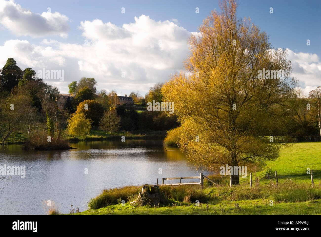 Sunny autumn afternoon by the side of the lake at Upper Swell near Stow ...