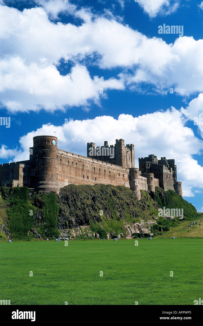 Large square Norman keep of Bamburgh Castle with corner clock and to ...