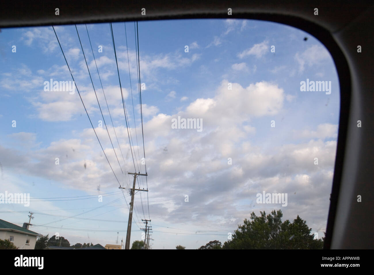 view of wires and sky through auto window Stock Photo - Alamy