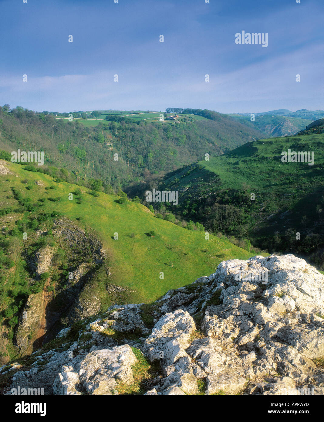 The steep granite hills and valleys of Dovedale seen from Thorpe Cloud ...