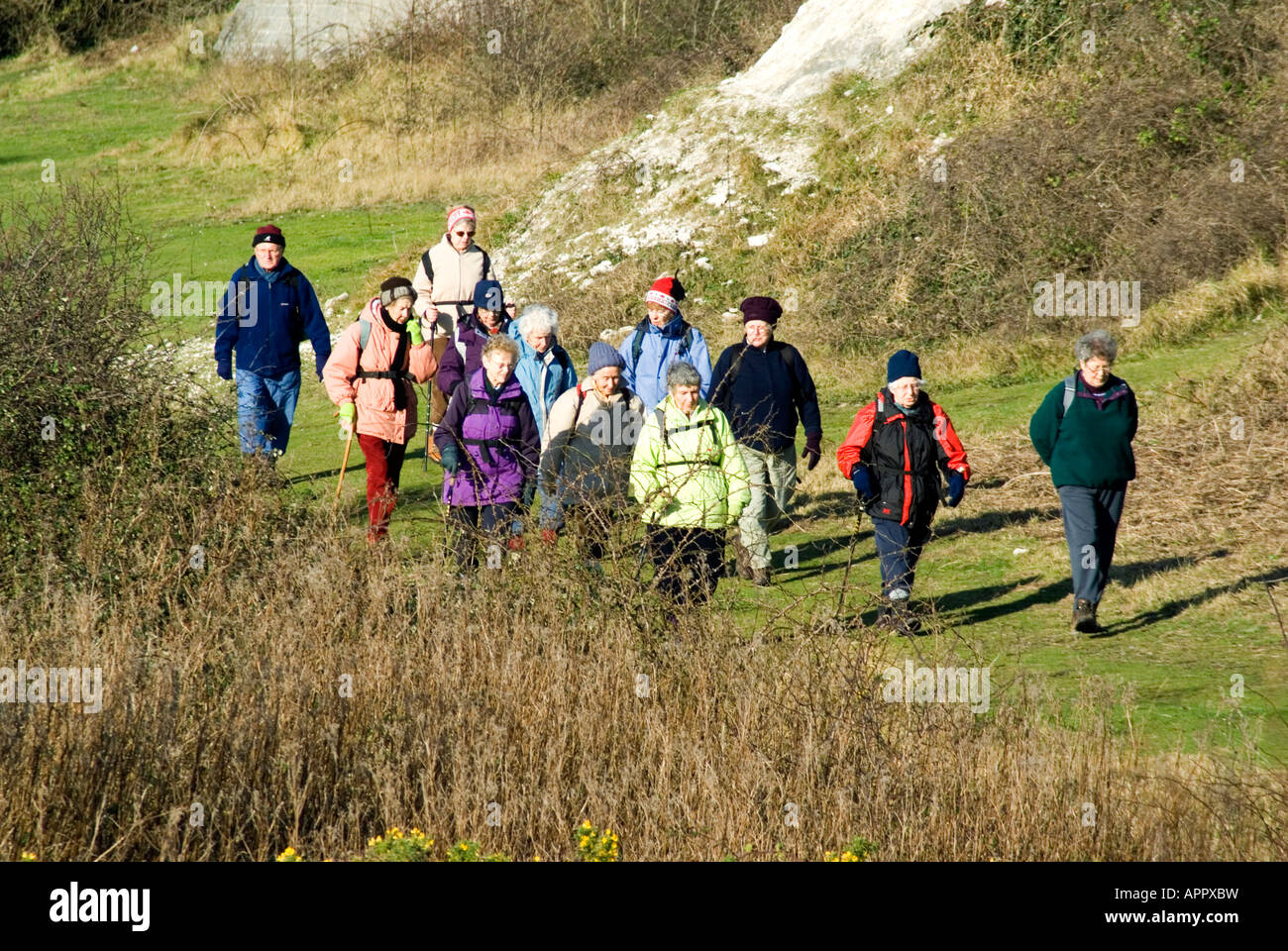 Group of Ramblers, Aberthaw Saltmarsh, Vale of Glamorgan, South Wales ...