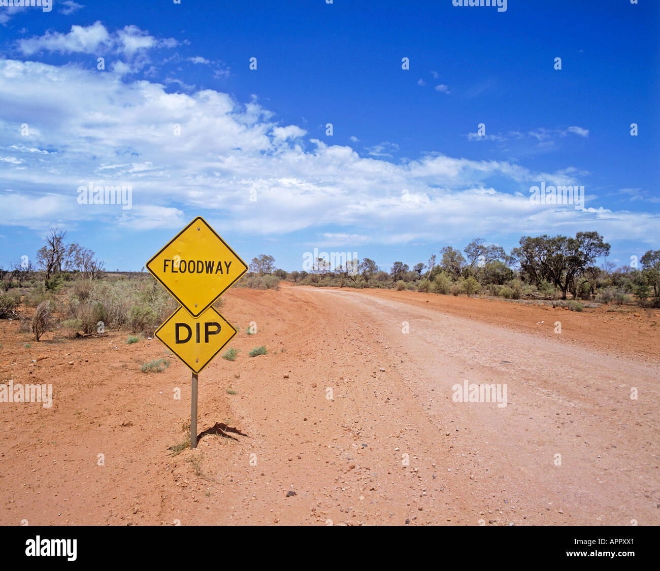 Desert Road with yellow warning sign for Floodway and Dip in Northern ...