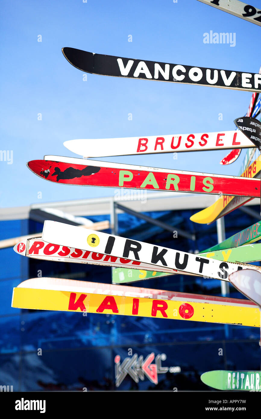 Signs made from skis at top station in Ischgl Samnaun Silvretta Arena ...