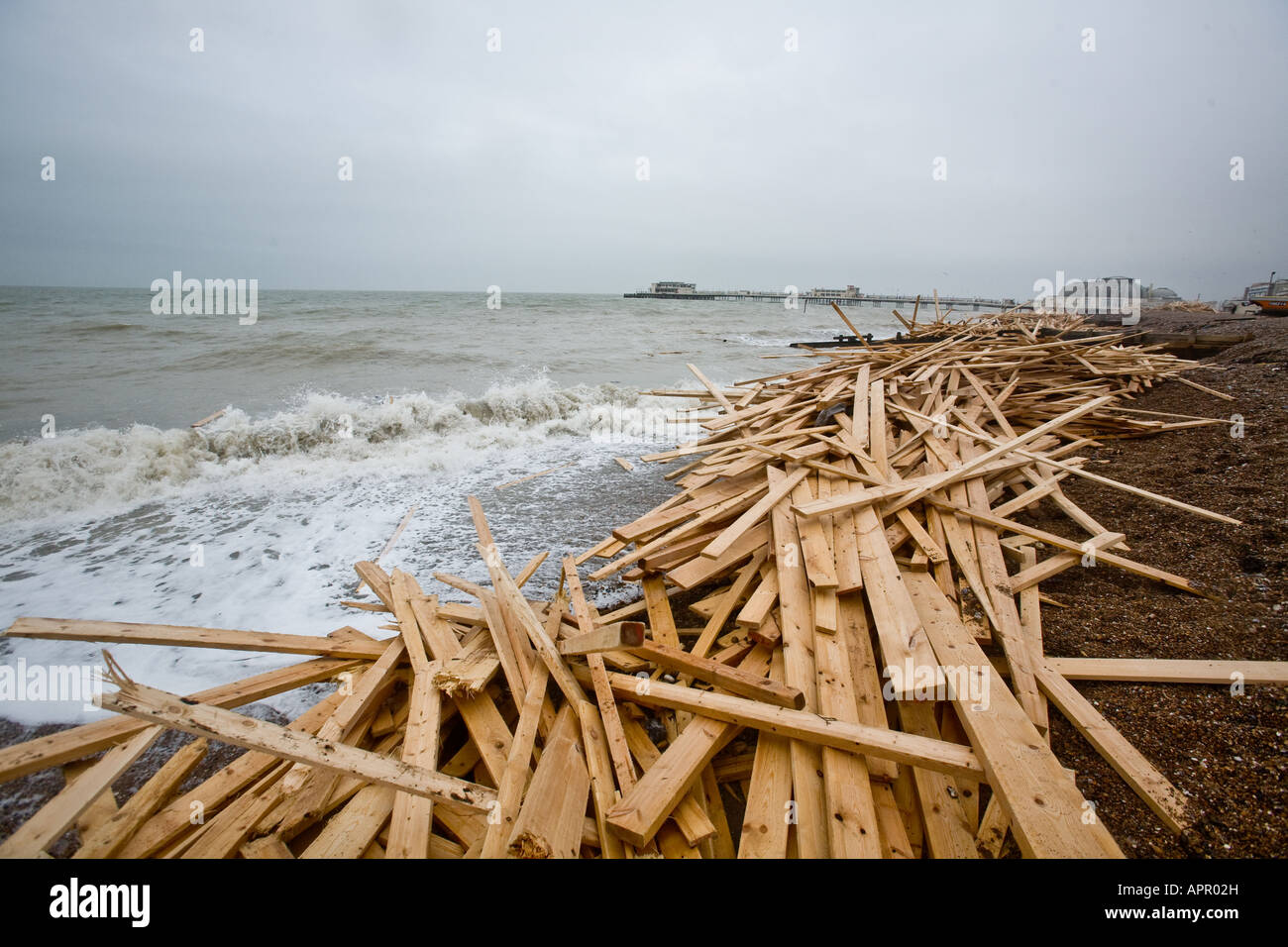 Timber washed up on the shore at Worthing beach in January 2008.The ...