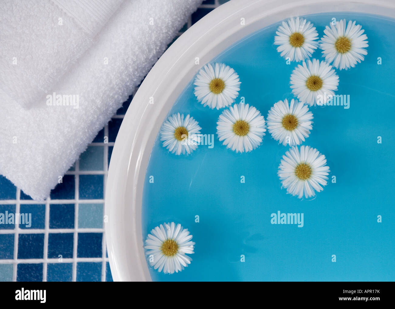 Bowl of water with floating daisy flowers and white towels Stock Photo ...
