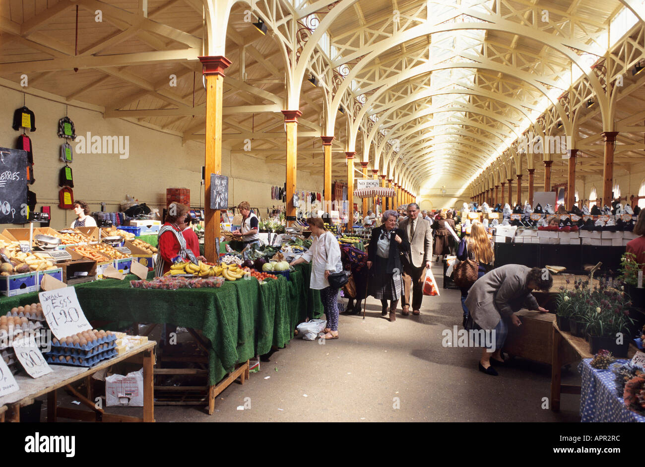 Brisk trade in Pannier market in a long building of 1856 Barnstaple ...